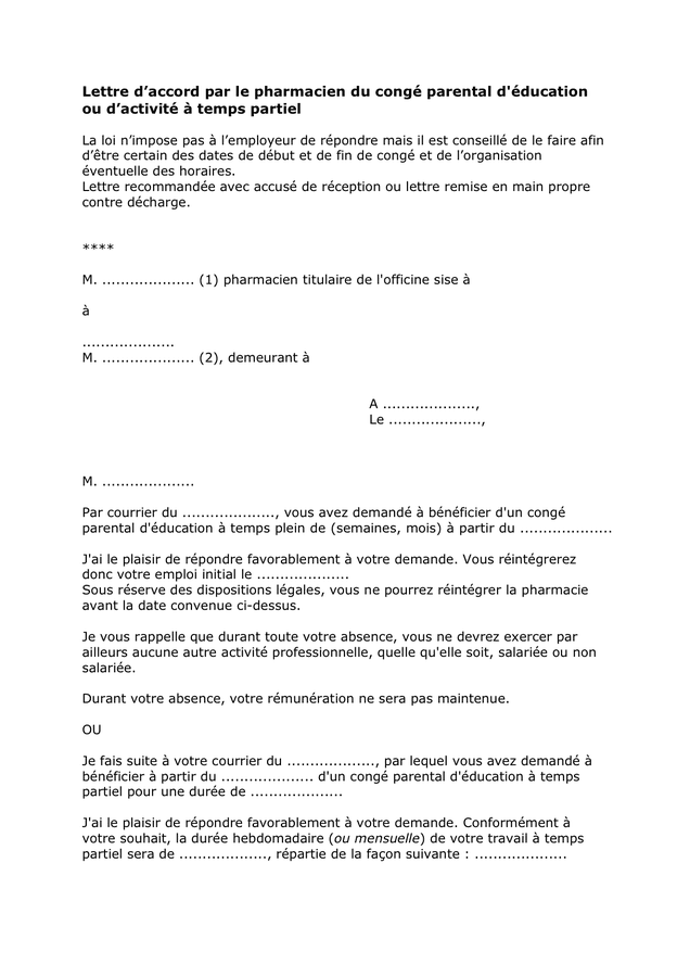 Lettre d’accord par le pharmacien du congé parental - DOC, PDF - page 1 ... Lettre d’accord par le pharmacien du congé parental - DOC, PDF - page 1 ...