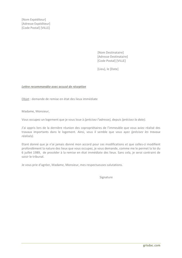 Demande de remise en état des lieux immédiate - DOC, PDF - page 1 sur 1 Demande de remise en état des lieux immédiate - DOC, PDF - page 1 sur 1