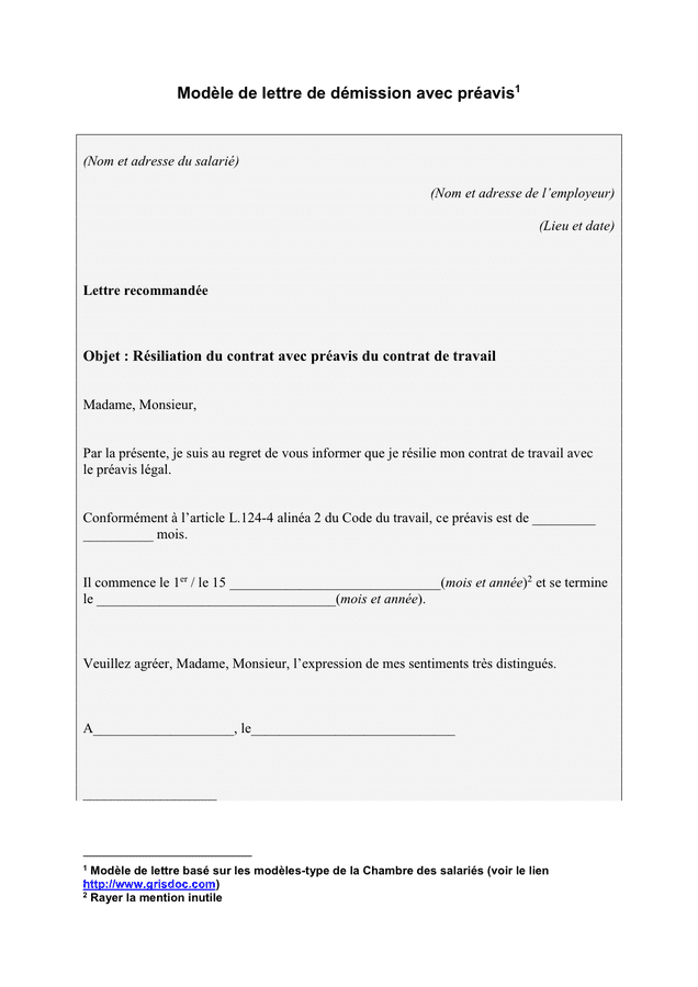 Mod le De Lettre De D mission Avec Pr avis DOC PDF Page 1 Sur 2