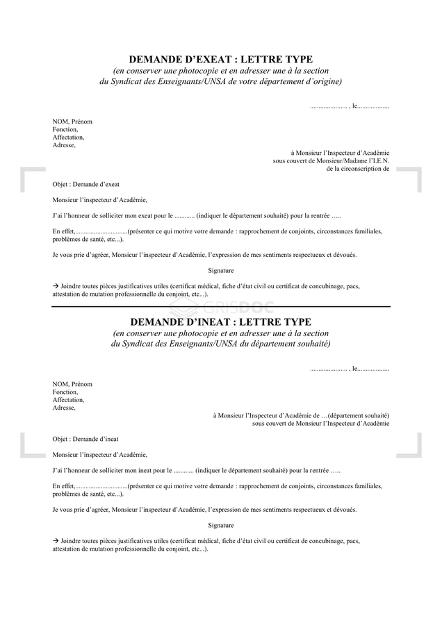 Demande type d'ineat / d'exeat - téléchargement gratuit documents PDF ...