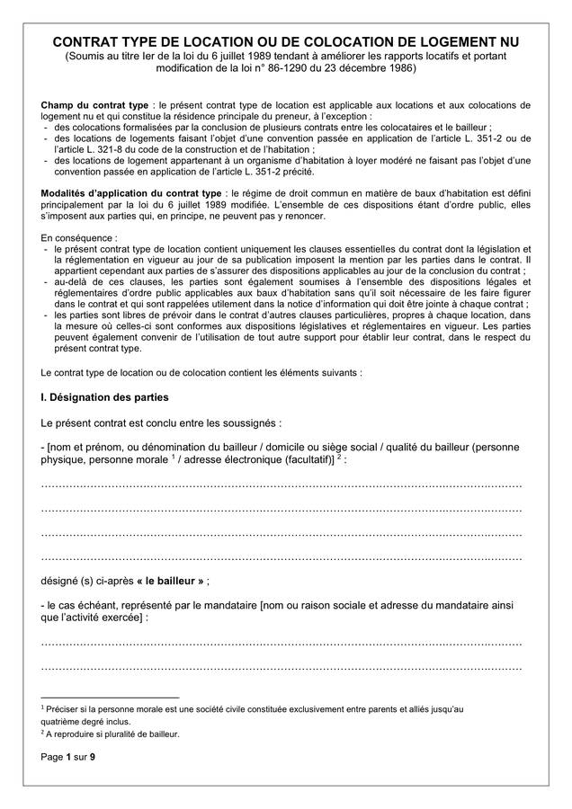 Contrat type de location ou de colocation de logement nu - DOC, PDF ...