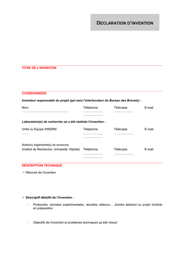 Modelé de declaration d’invention - DOC, PDF - page 1 sur 7