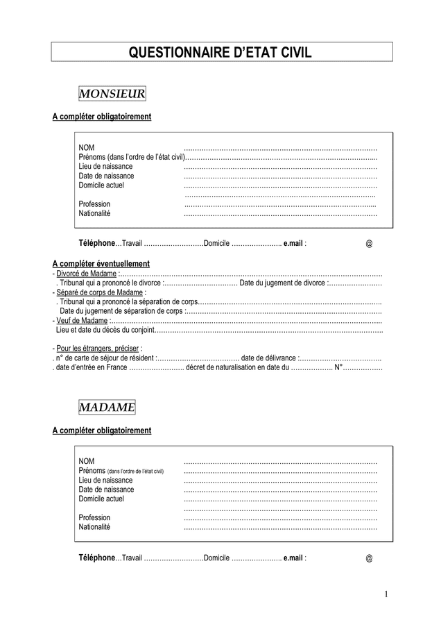 Fiche D etat Civil Fiche D etat Civil