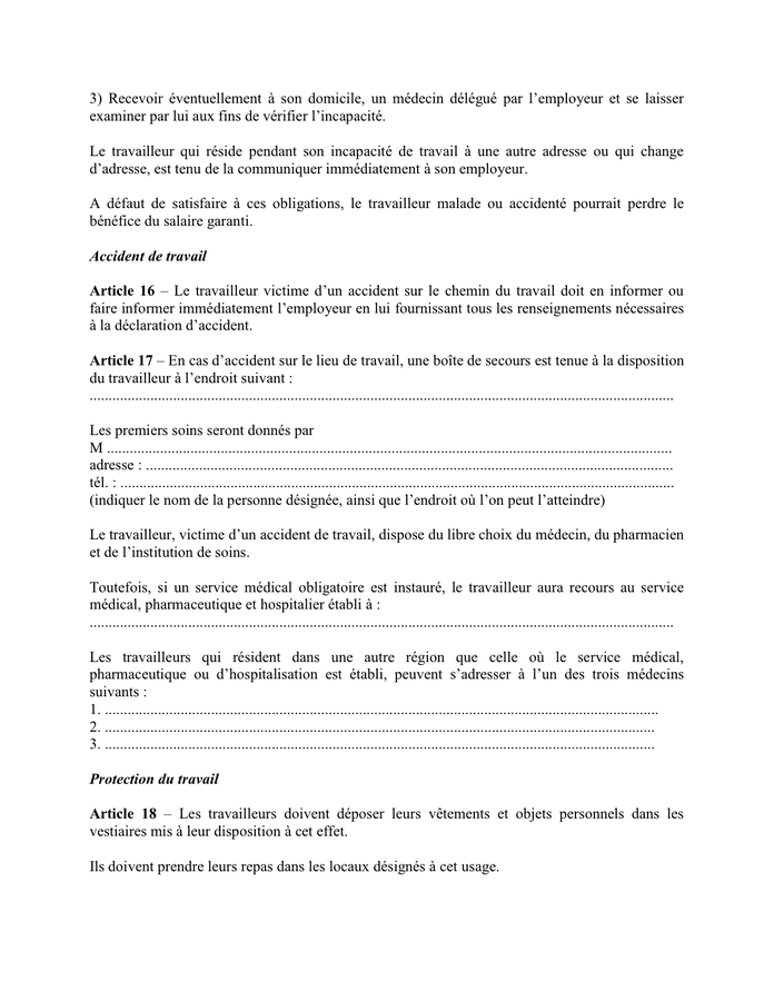 Modèle de règlement de travail pour ouvriers (Belgique) - DOC, PDF ...