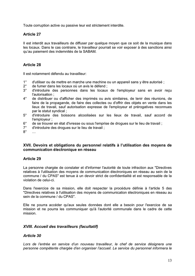 Modèle de règlement de travail (Belgique) - DOC, PDF - page 13 sur 31