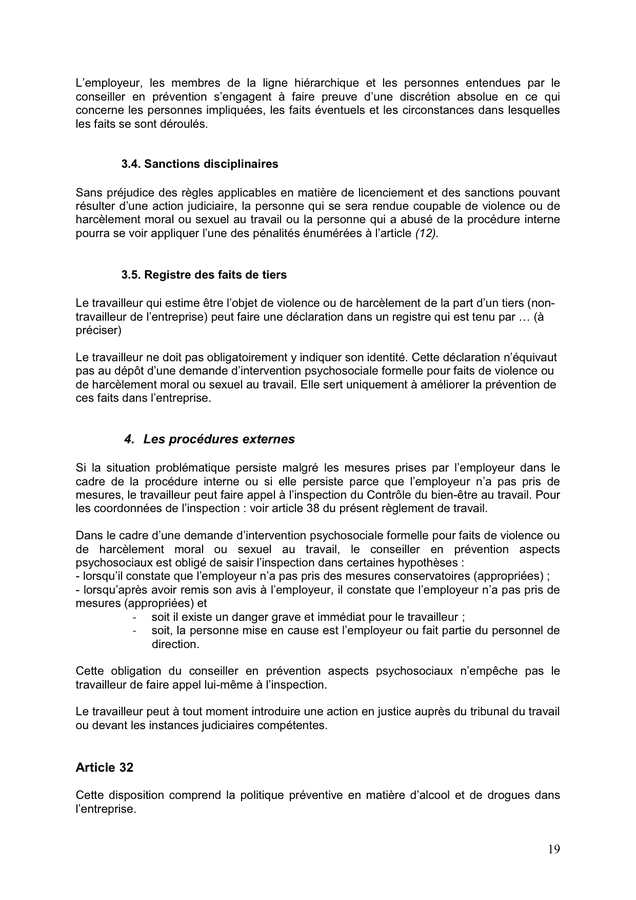 Modèle de règlement de travail (Belgique) - DOC, PDF - page 19 sur 31
