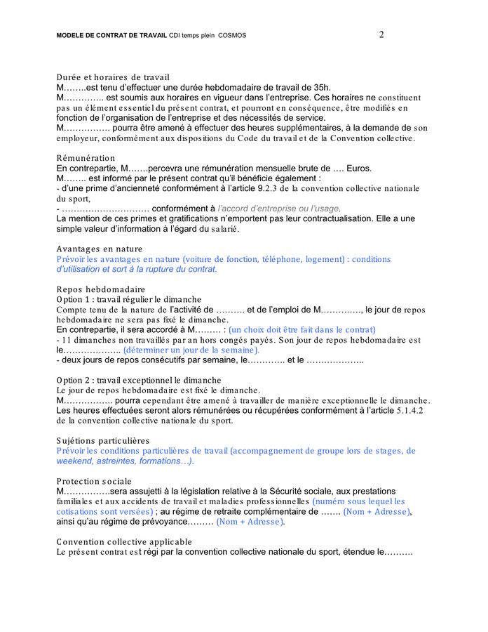 Modelé de contrat de travail CDI temps plein (France) - DOC, PDF - page ...