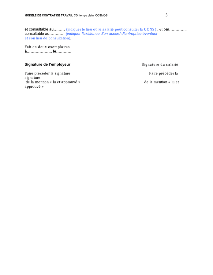 Modelé de contrat de travail CDI temps plein (France) - DOC, PDF - page ...