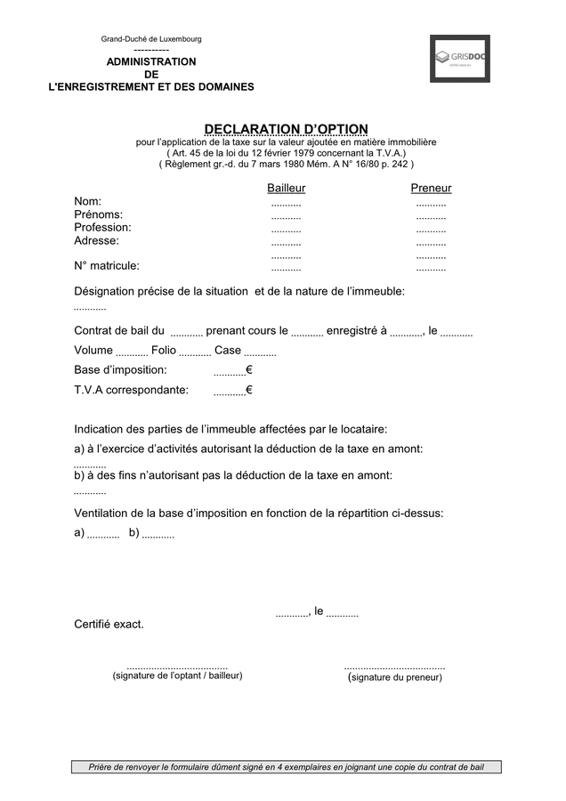Formulaire option location (Luxembourg) - DOC, PDF - page 1 sur 2