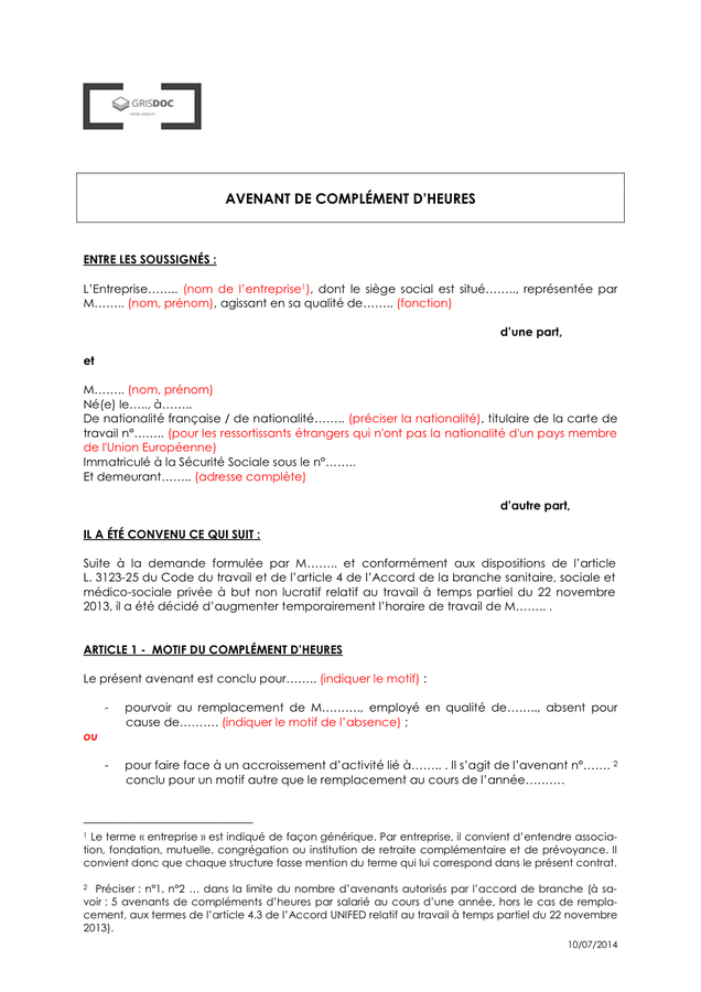 Avenant de complément d'heures - téléchargement gratuit documents PDF ...