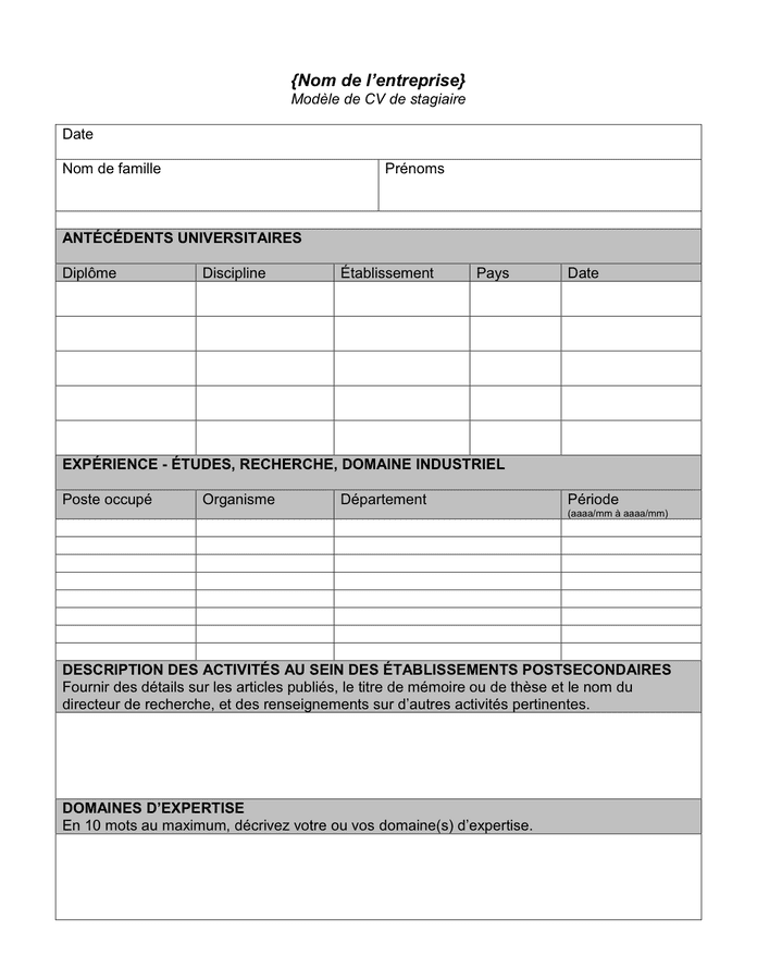 Modèle de CV de stagiaire - DOC, PDF - page 1 sur 2