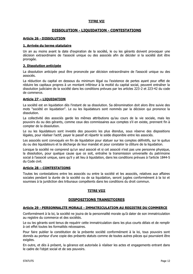 Modèle de statut-type d'EURL - DOC, PDF - page 12 sur 13