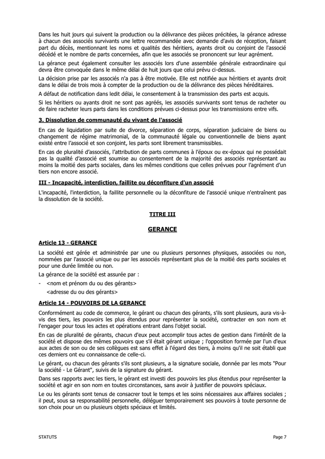 Modèle de statut-type d'EURL - DOC, PDF - page 7 sur 13
