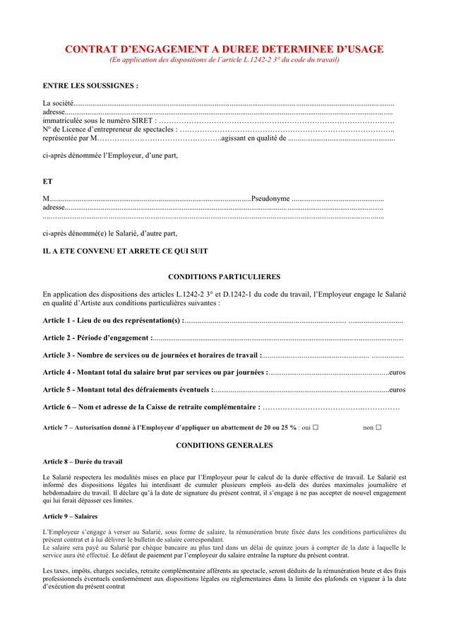 Contrat d’engagement a duree determinee d’usage - DOC, PDF - page 1 sur 2