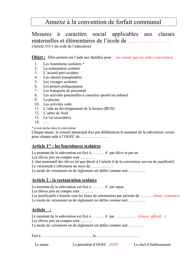 Modèle de convention de forfait communal - DOC, PDF - page 5 sur 5 Modèle de convention de forfait communal - DOC, PDF - page 5 sur 5