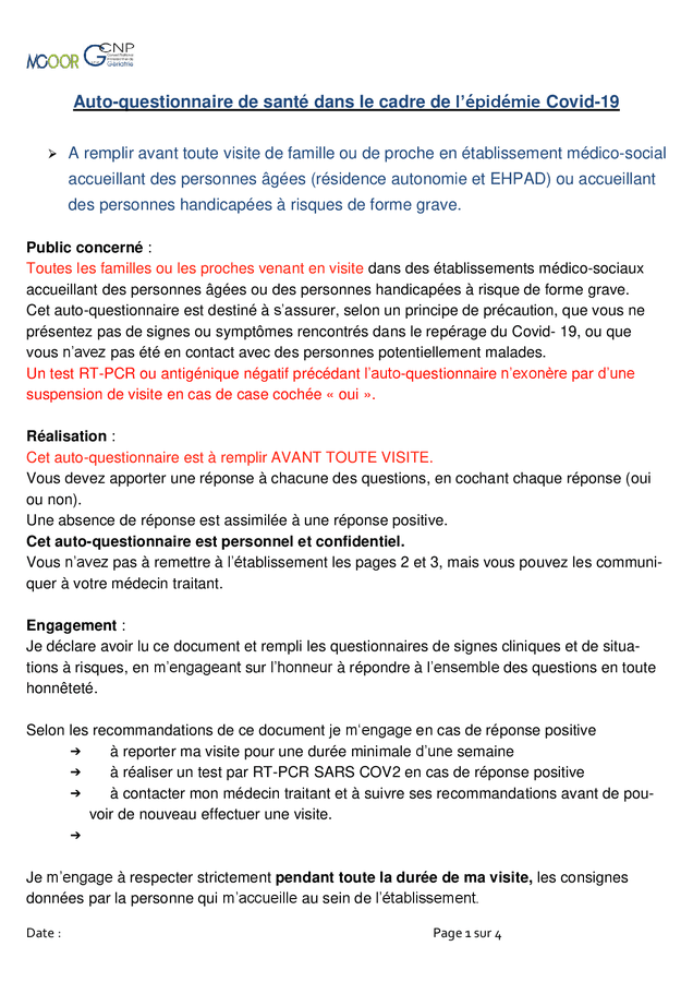 Auto questionnaire de santé - l’épidémie covid 19 - DOC, PDF - page 1 sur 4