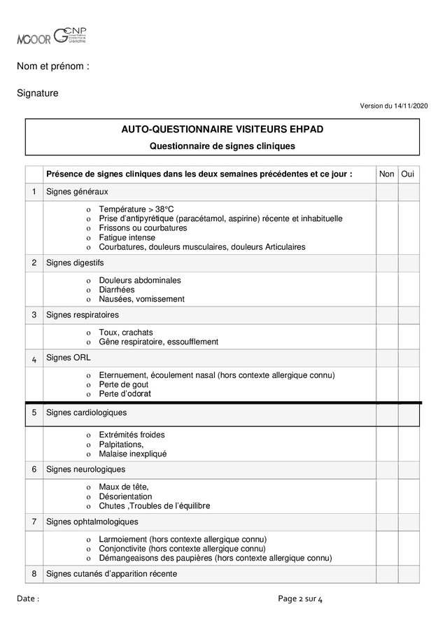 Auto questionnaire de santé - l’épidémie covid 19 - DOC, PDF - page 2 sur 4