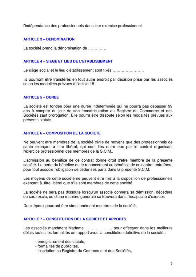Modèle de statuts relatifs de la SCM - DOC, PDF - page 3 sur 13