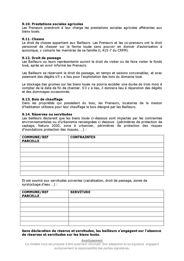 Modèle de bail rural type ou bail à ferme - DOC, PDF - page 10 sur 12