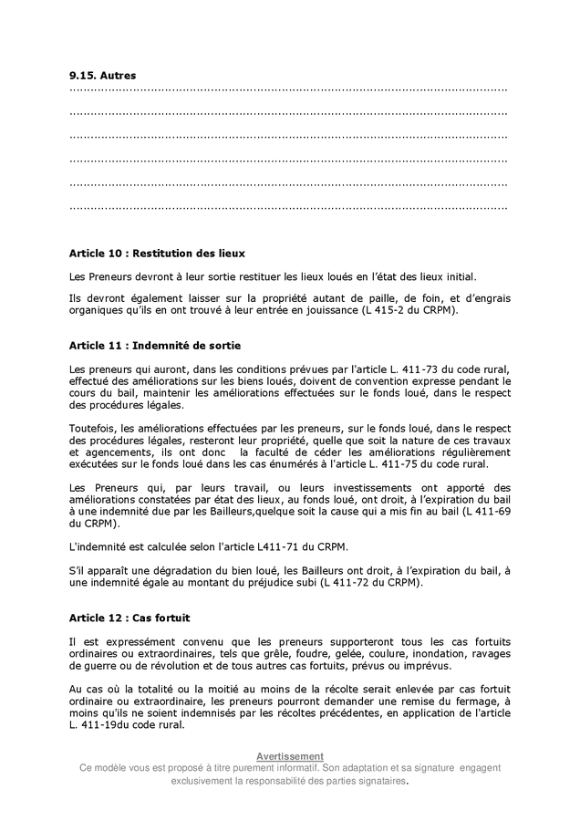 Modèle de bail rural type ou bail à ferme - DOC, PDF - page 11 sur 12