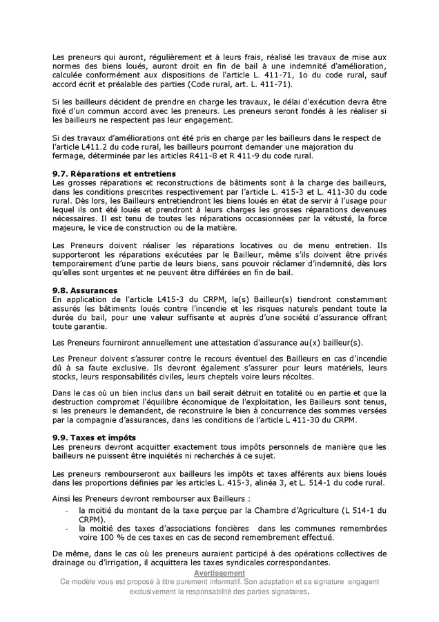 Modèle de bail rural type ou bail à ferme - DOC, PDF - page 9 sur 12