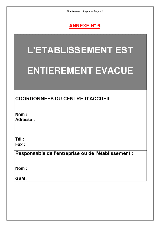Modele de plan interne d'urgence - DOC, PDF - page 43 sur 81 Modele de plan interne d'urgence - DOC, PDF - page 43 sur 81