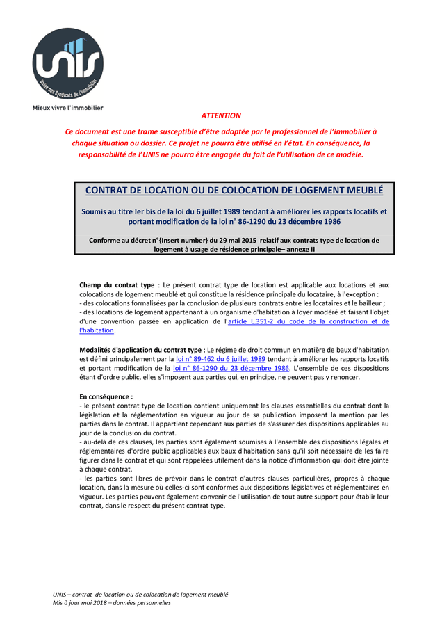 Exemple de contrat de location ou de colocation de logement meublé ...