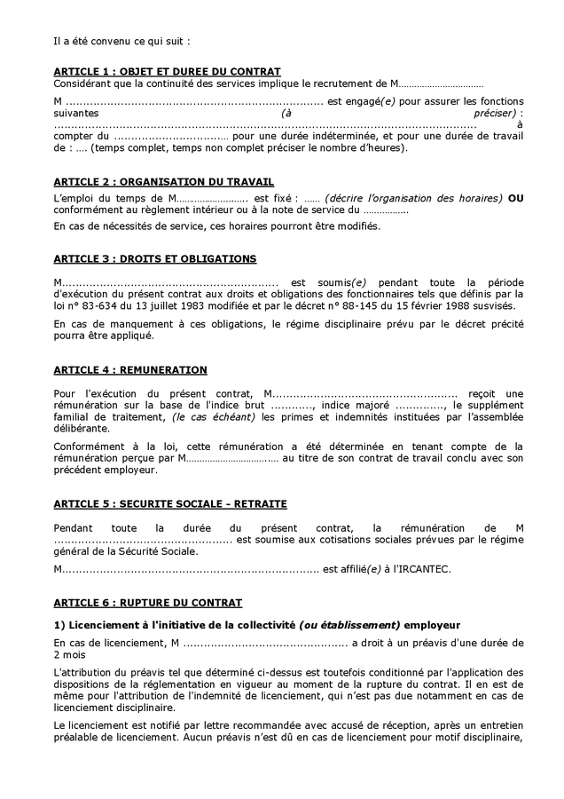 Modèle de contrat a duree indeterminee de droit public - DOC, PDF ...