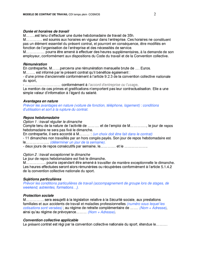 Modele de contrat de travail CDI temps plein - DOC, PDF - page 2 sur 3 Modele de contrat de travail CDI temps plein - DOC, PDF - page 2 sur 3