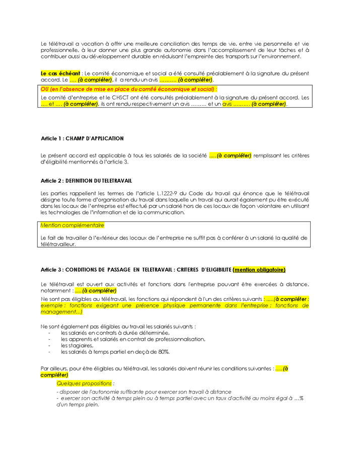Modèle d'accord collectif sur le télétravail - DOC, PDF - page 4 sur 11