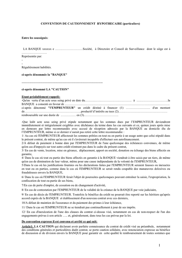 Modelé de convention de cautionnement hypothecaire - DOC, PDF - page 1 ...