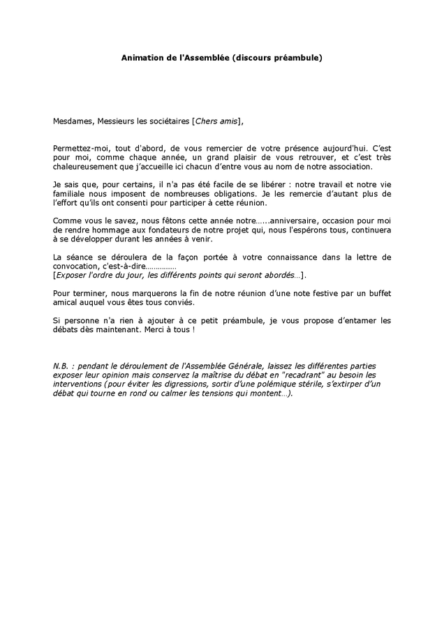 Modele animation de l'assemblée - discours préambule - DOC, PDF - page ...