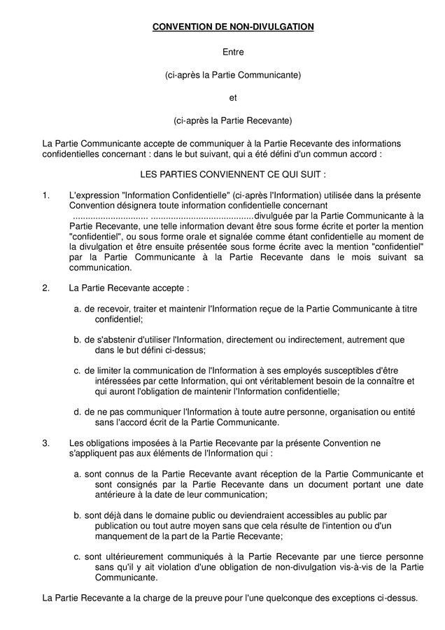 Modèle de convention de non-divulgation (Suisse) - DOC, PDF - page 1 sur 2 Modèle de convention de non-divulgation (Suisse) - DOC, PDF - page 1 sur 2