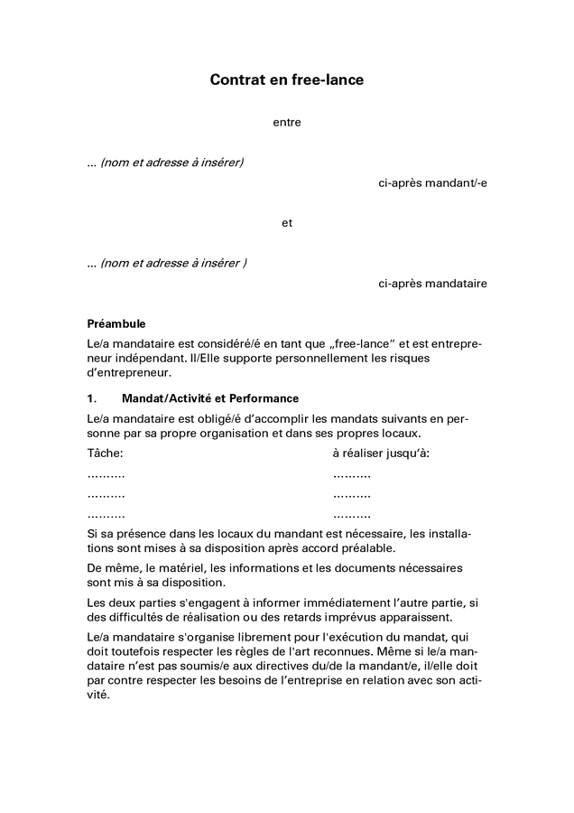 Modèle de contrat en free-lance (Suisse) - DOC, PDF - page 1 sur 4