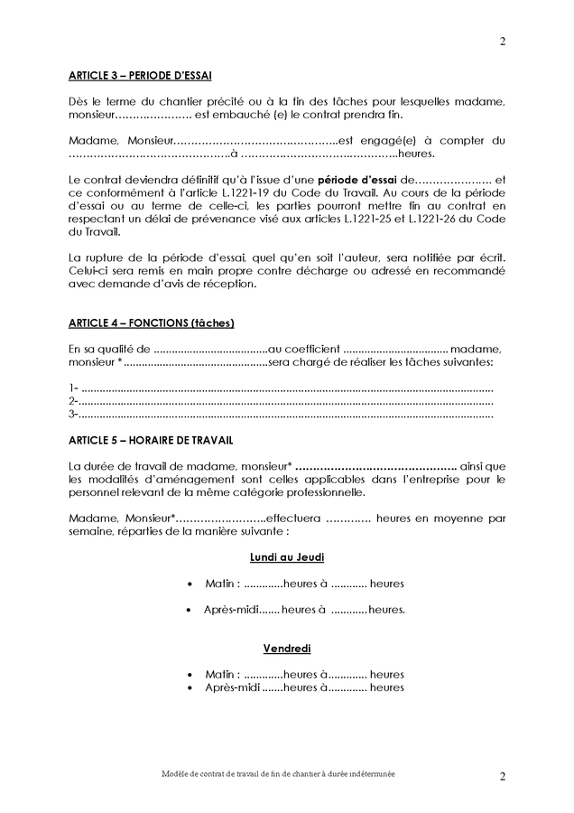 Modèle de contrat de travail de fin de chantier à durée indéterminée ...