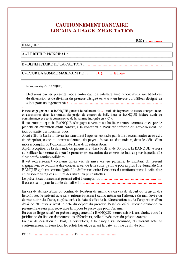 Cautionnement bancaire locaux à usage d'habitation - DOC, PDF - page 1 ...