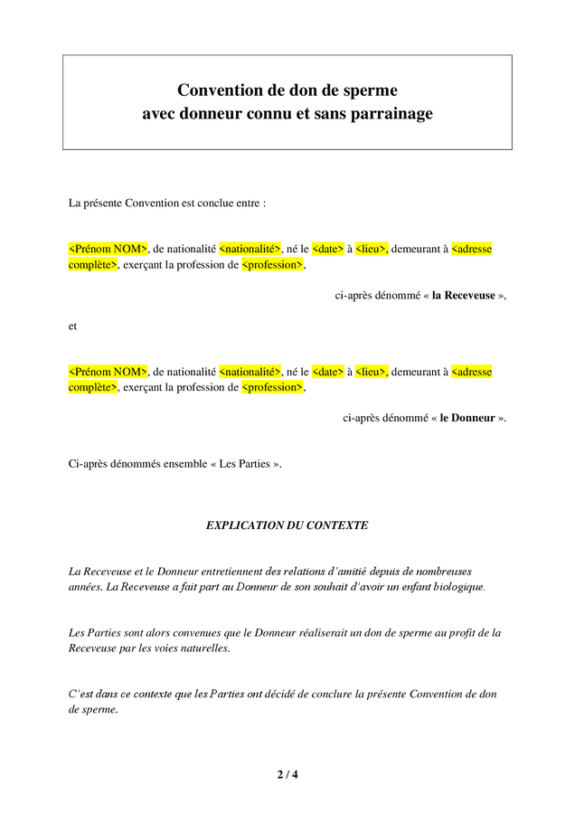 Modèle d'accord de don de sperme avec un donneur connu et sans parrainage - DOC, PDF - page 2 sur 4