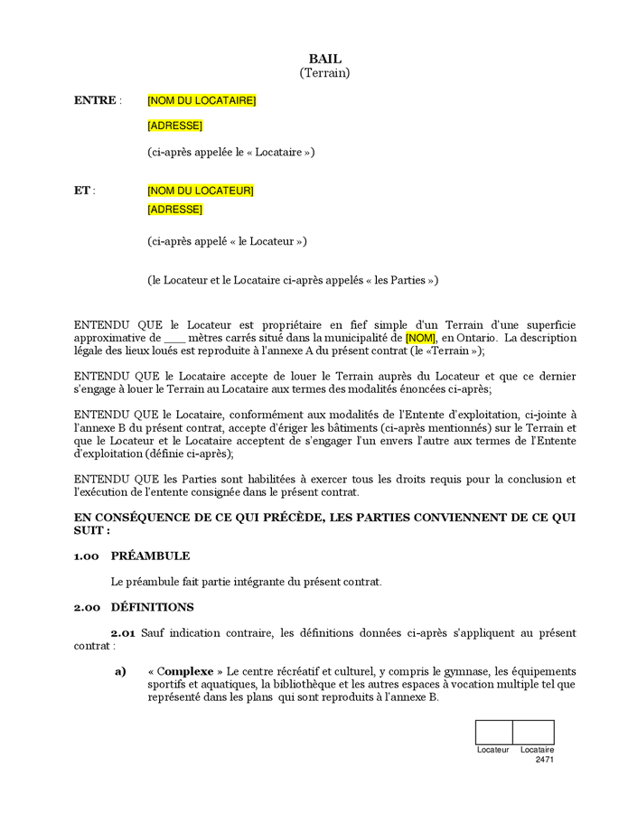 Modèle de bail de terrain (Canada, Ontario) - DOC, PDF - page 1 sur 9