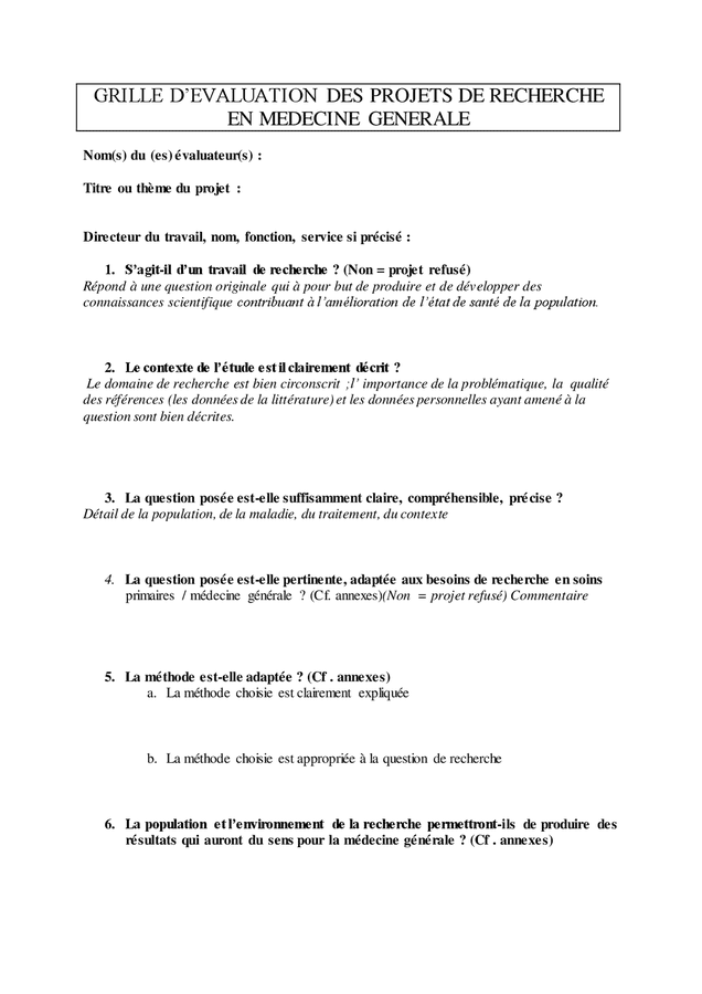 Grille d'evaluation des projets de recherche en medecine generale - DOC ...