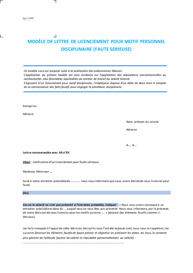 Modèle de lettre de licenciement pour motif personnel disciplinaire ... Modèle de lettre de licenciement pour motif personnel disciplinaire ...