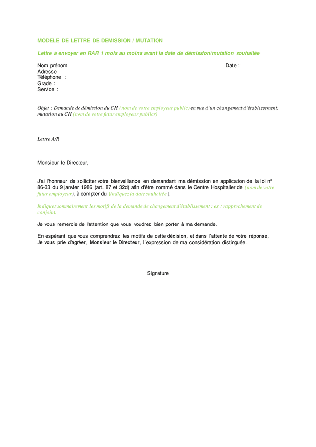Modele de lettre de demission / mutation - DOC, PDF - page 1 sur 1 Modele de lettre de demission / mutation - DOC, PDF - page 1 sur 1