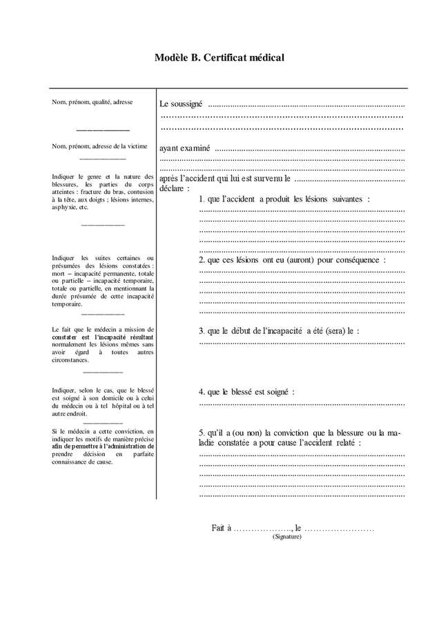 Modèle B. certificat médical (Belgique) - DOC, PDF - page 1 sur 1
