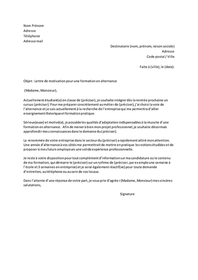 Lettre de motivation pour une formation en alternance - DOC, PDF - page ...
