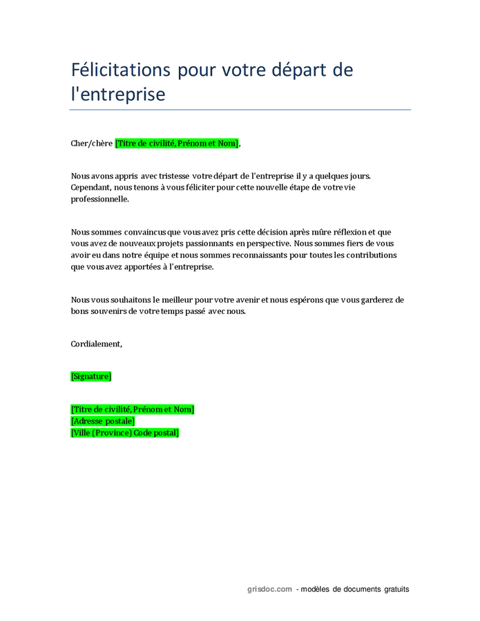 Lettre de depart retraite - DOC, PDF - page 1 sur 1