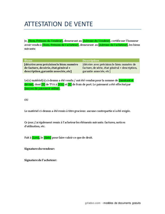 Exemple Dattestation De Vente