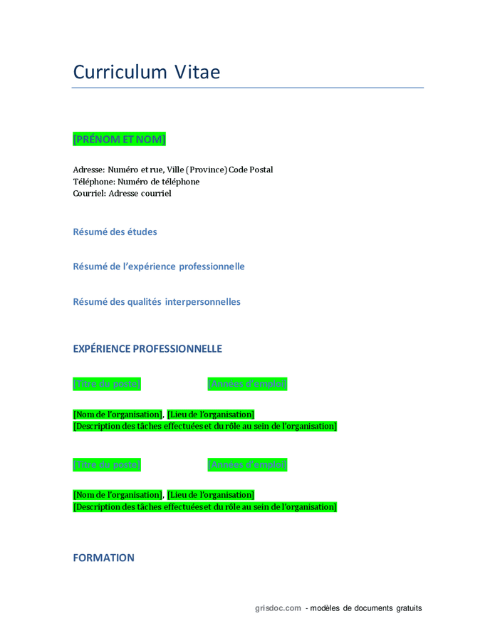 Curriculum vitae modèle simple - DOC, PDF - page 1 sur 2
