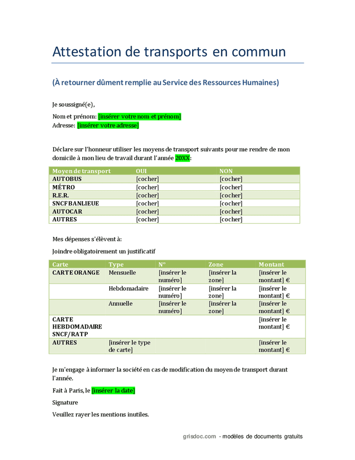 Attestation de transports en commun - DOC, PDF - page 1 sur 1