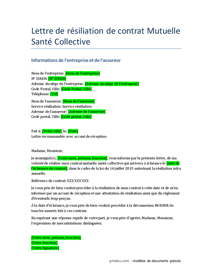Lettre de résiliation de contrat Mutuelle Santé Collective - DOC, PDF ... Lettre de résiliation de contrat Mutuelle Santé Collective - DOC, PDF ...