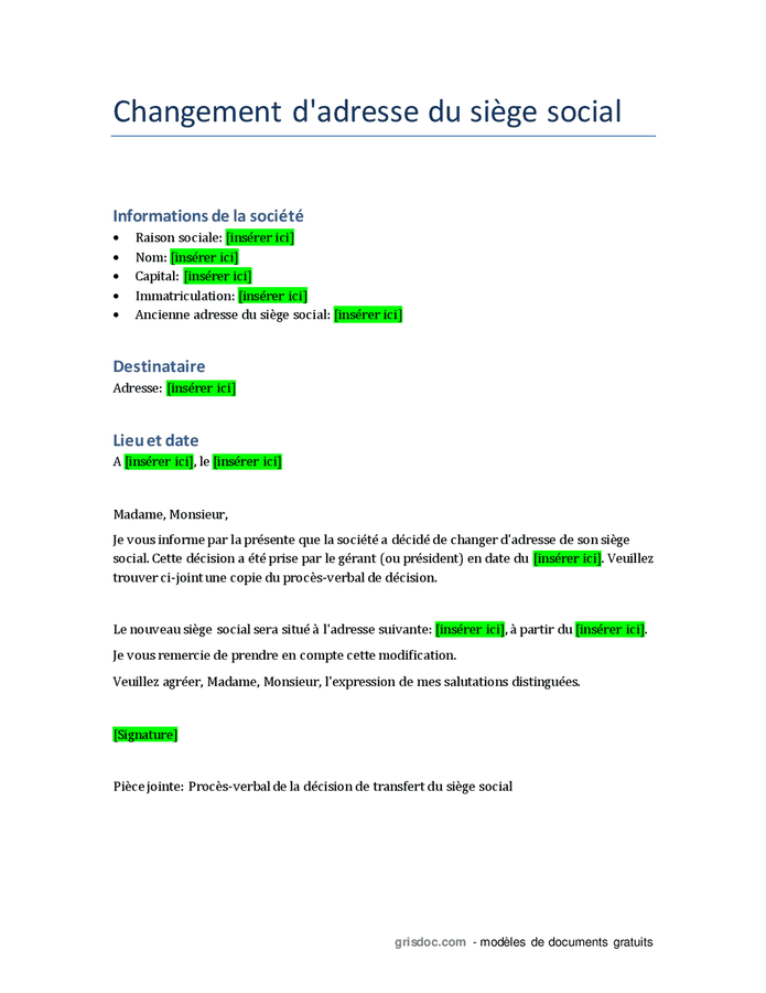 Changement d'adresse entreprise - DOC, PDF - page 1 sur 1