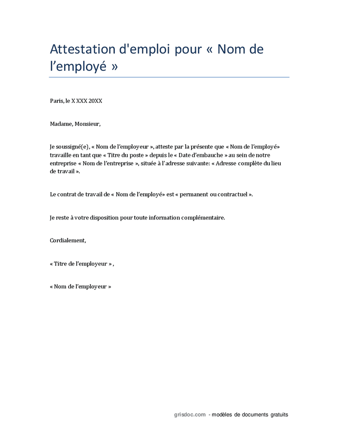 Attestation d'emploi - DOC, PDF - page 1 sur 1